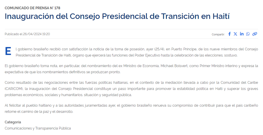 Brasil celebra instalación del Consejo Presidencial de Transición en Haití - Agencia ...